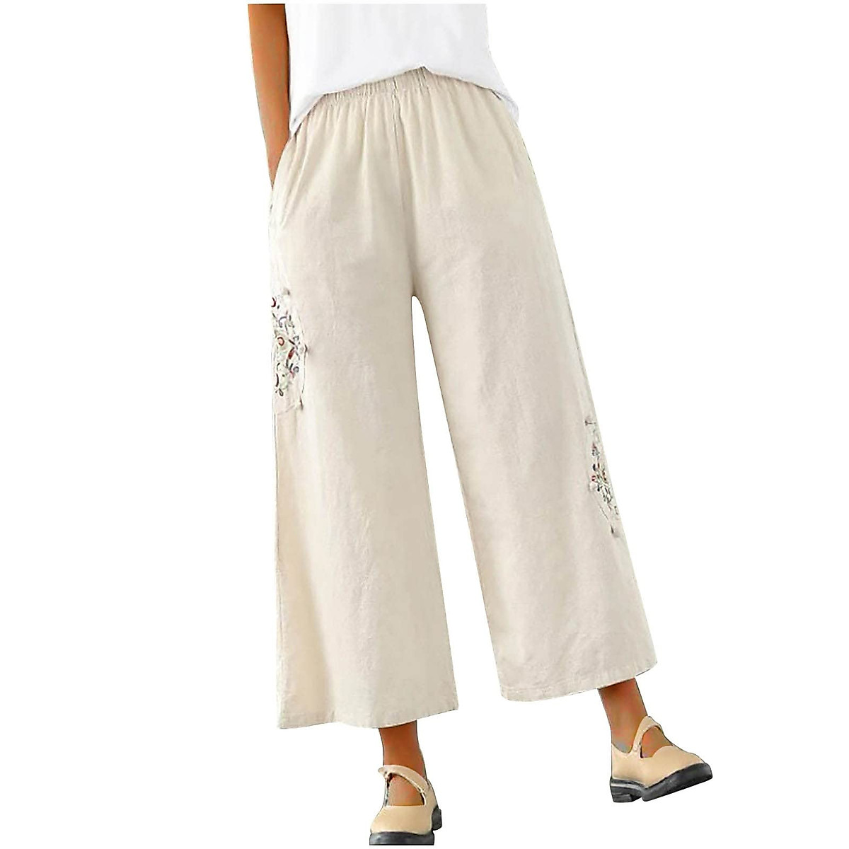 Todays Deals Sale Clearance fold Over Yoga Pants for Women Cotton Linen Pants for Women Embroideried Capri Palazzo Pants Wide-Leg Pants Plus Size Baggy Slacks Trousers Beige 2XL