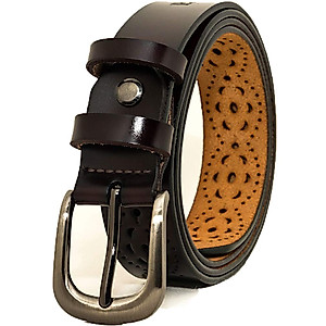 ESPOFY Women's Belt Hollow Flower Genuine Leather Belt for Jeans Pants with Alloy Buckle Brown 45 inch (115cm)