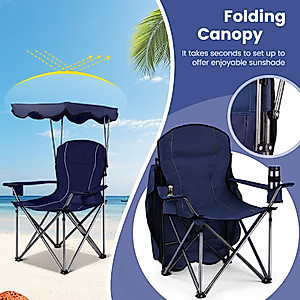 Goplus Beach Chair with Canopy Shade, Folding Lawn Chair with Umbrella Cup Holder & Carry Bag, Portable Sunshade Chair for Adults for Outdoor Travel Hiking Fishing (Blue)