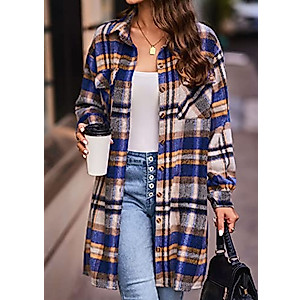 BTFBM Women's Corduroy Shacket Jacket Shirts Lapel Long Sleeve Oversized 2023 Fall Winter Button Down Shirt Dress Pocket(Plaid Royal Blue, X-Large)