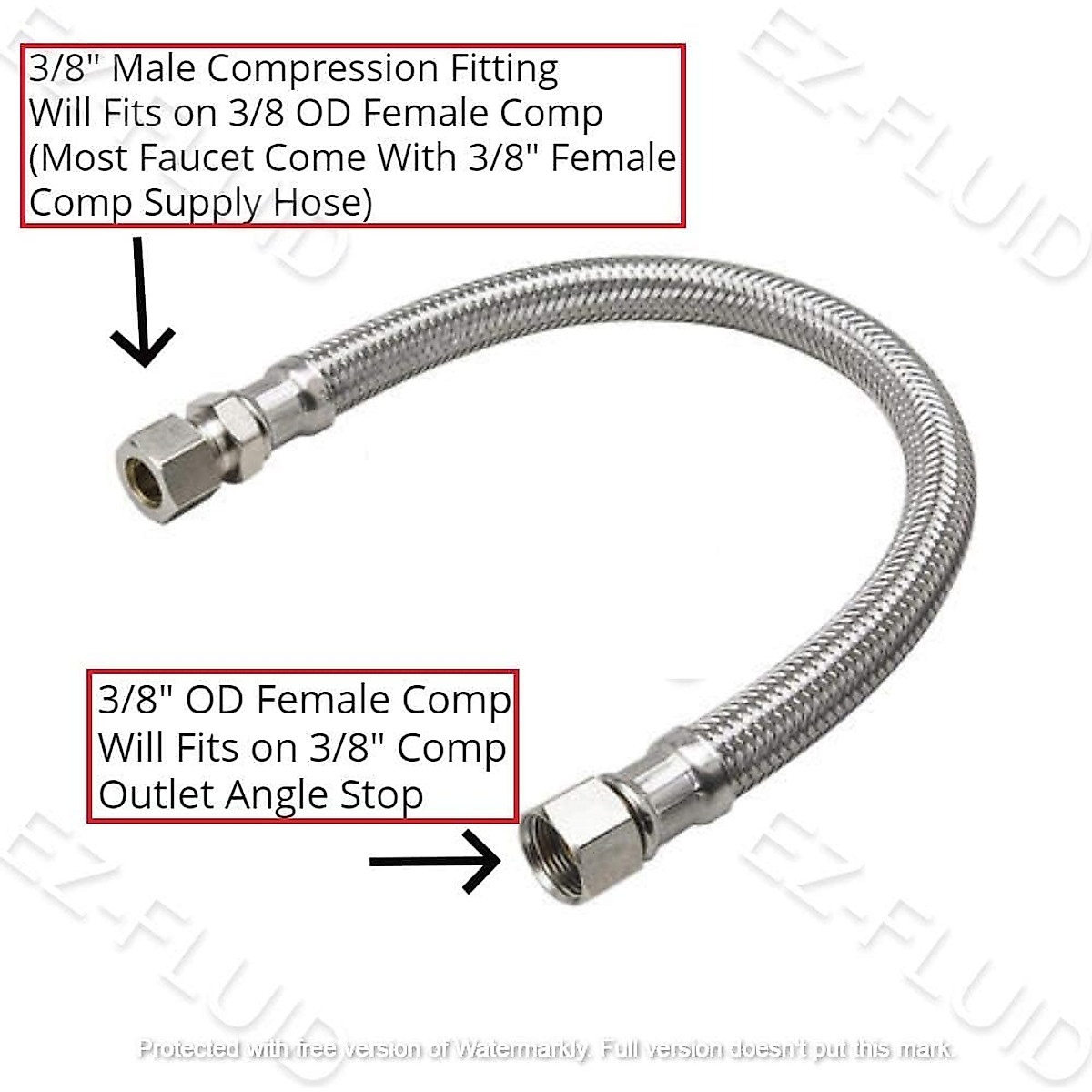 EZ-Fluid 12-Inches x 3/8-Inch Male Compression x 3/8-Inch Female Compression Stainless Steel Braided Faucet Connector,Faucet Extension Supply Hose Connector Lines (2)