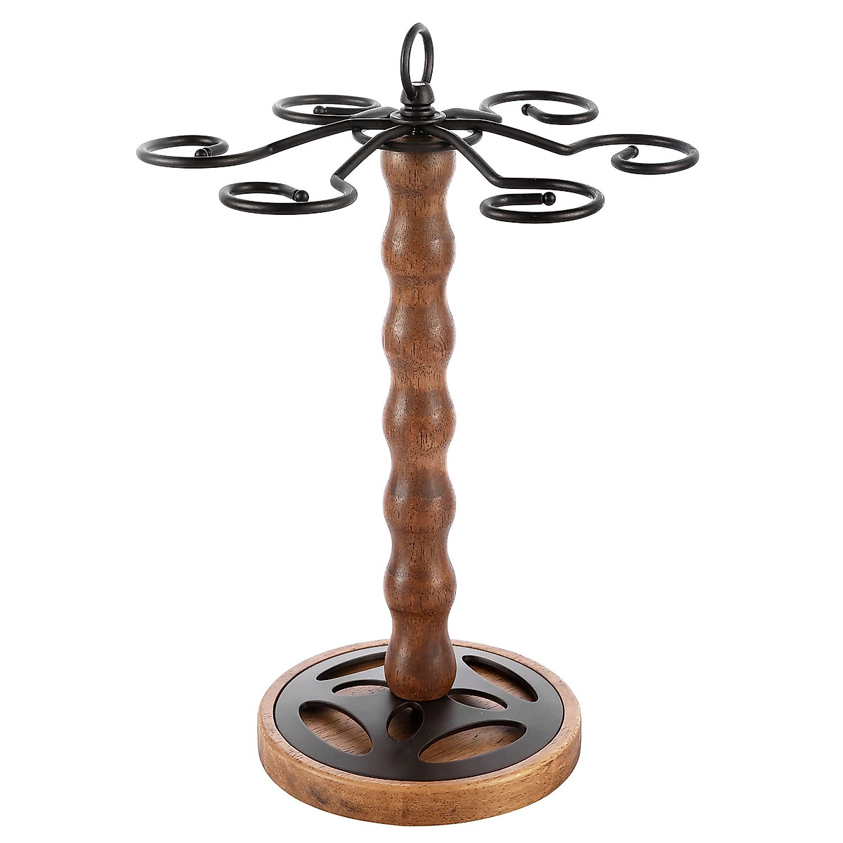 MyGift Brown Solid Wood and Antique Bronze Metal Tabletop Wine Glass Holder with Scrollwork Design, Free Standing Stemware Display Stand, Holds 6 Glasses