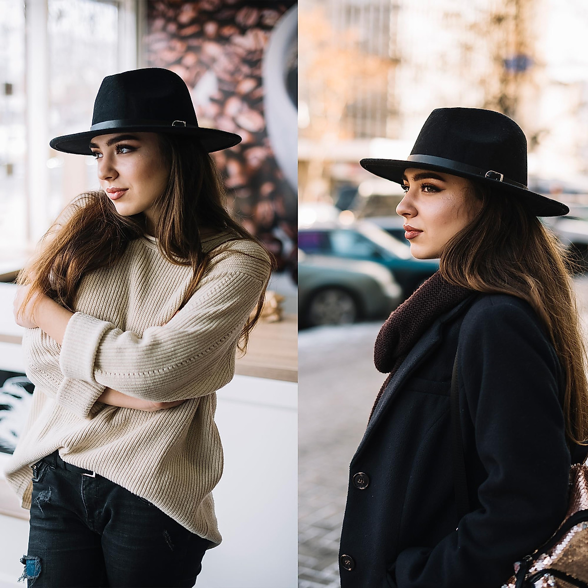 Felt Fedora Hat Womens Classic Hat Wide Brim Jazz Hat with Belt Buckle (Black with Black Belt, Medium (22"-23"))