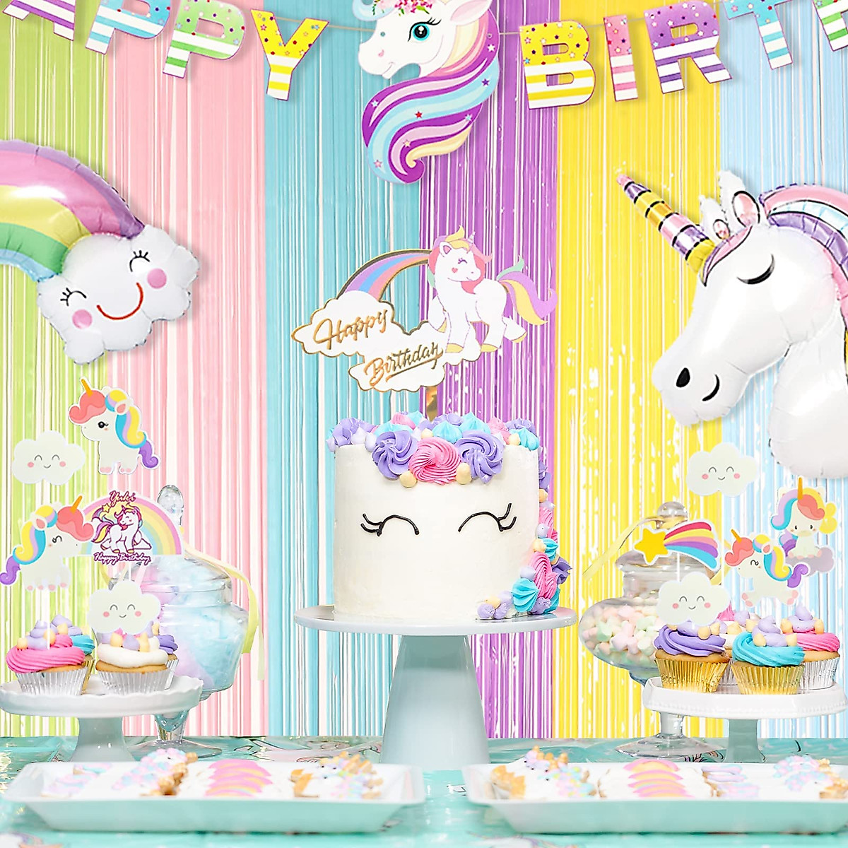 Unicorn 4th Birthday Party Decorations for Girls, Hombae 4th Birthday Party Supplies Kit, Rainbow Birthday Banner Balloons Garland, No.4 Foil Balloon, Macaron Tinsel Curtains