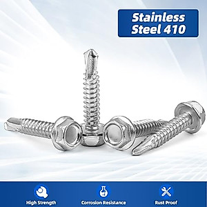 #12 x 1-1/2" Sheet Metal Screws Hex Washer Head Self Drilling Screw with Drill Point, Hex Drive, 410 Stainless Steel Self Tapping, 50 PCS