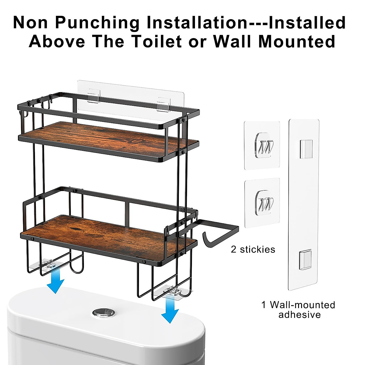 FLOLXNB 2 Tier Bathroom Storage Shelf, Wooden Toilet Shelf Organizer, Over The Toilet Storage Shelf,Toilet Storage Rack with Paper Holder and Hooks, No Drilling Wall Mounted Storage Rack, Black