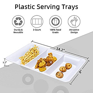 Lullaby 3 Sectional Plastic Serving Tray 14.2" x 9", 3 Pack White Serving Platters for Cheese Cracker Food, BPA-Free and Reusable