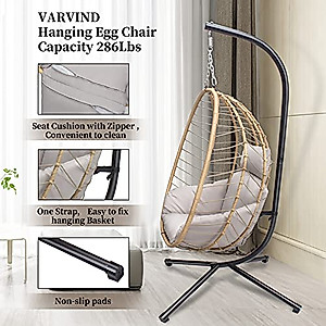 VARVIND Hammock Chair,Swing Egg Chiar with Stand and Cushions, Pillow, Foldable Wicker Rattan Hanging Egg Chair,Adjustable Height ,Anti-UV&Waterproof, Indoor and Outdoor Use,286Lbs(Beige)