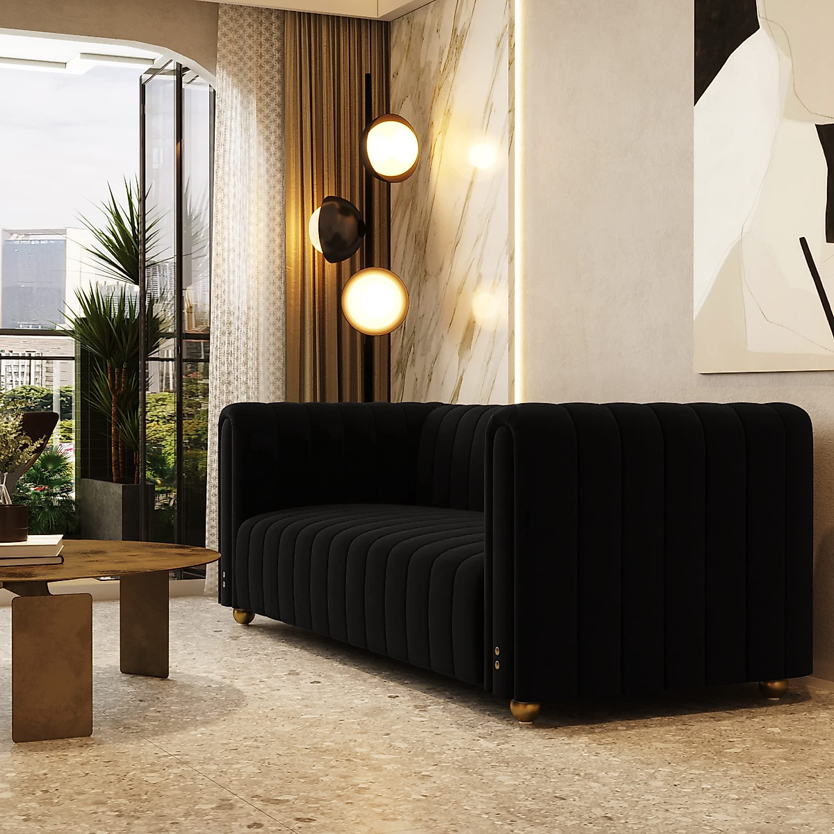 STORFENBOR 81" Black Velvet Sofa Mid Century Modern Couch for 3 Person Chesterfield Tufted Velvet Couches for Living Room Apartment Bedroom Office