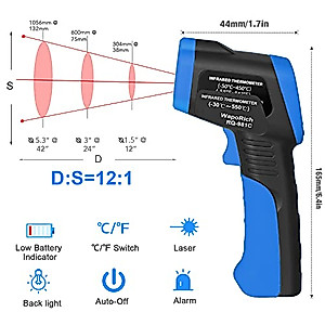 Infrared Thermometer Digital Laser Thermometer RQ-981C, Non-Contact Digital Infrared Thermometer from -50℃ to 550℃(-58 to1022℉) Come with LCD Back-Light, Data Hold for Industrial (Not for Human)