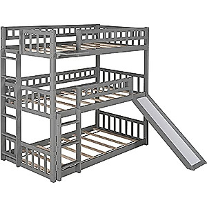 Wood Twin Triple Bunk Bed, Kids Triple Floor Bunk Beds with Slide, 3 Bunk Beds Twin Over Twin Over Twin Size, Converted Bunk Beds. Grey