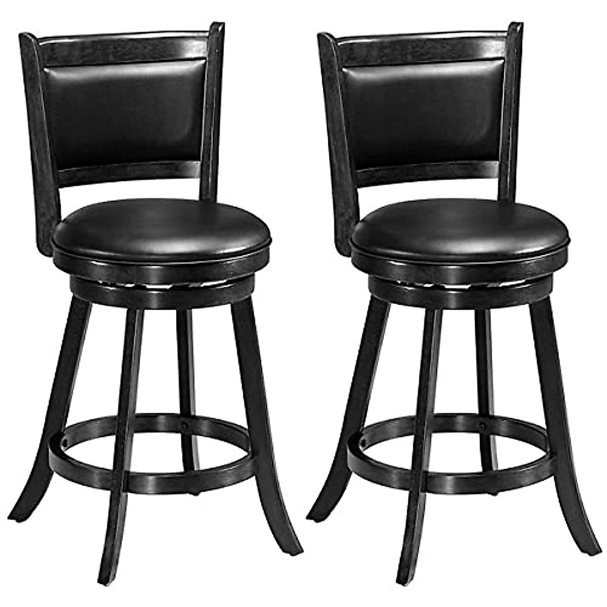 COSTWAY Bar Stools Set of 2, 360 Degree Swivel, Accent Wooden Swivel Back Counter Height Bar Stool, Fabric Upholstered Design, PVC Cushioned Seat (2 stools, Black 24'' Height)