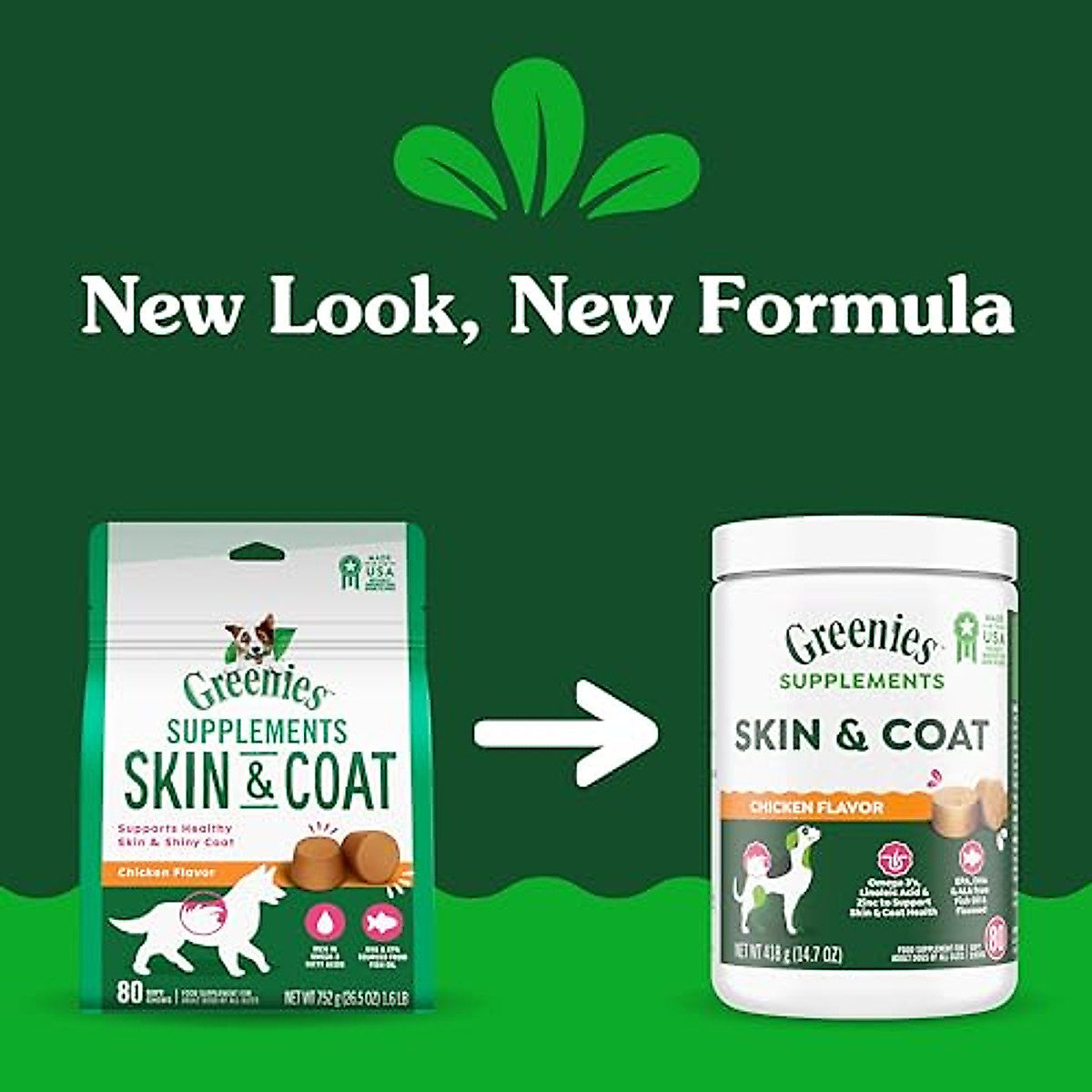 Greenies Supplements Dog Skin and Coat Supplements with Fish Oil & Omega 3 Fatty Acids, Chicken Flavor, 80 Count Soft Chews, 14.7 oz.