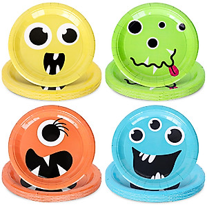 JarThenaAMCS 40Pcs 9 Inch Monster Paper Plates 4 Design Funny Monster Disposable Plates Colorful Party Supplies for Halloween Birthday Baby Shower Tableware Decorations