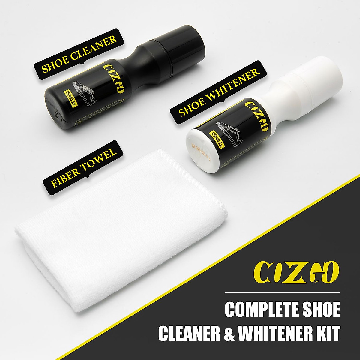 Shoe Cleaner Whitener for Sneaker, COZGO Shoe Cleaning and Whitening Kit, 3.5oz Shoe Cleaner and 3.5oz Whitener, No extra brushes needed,Work on White shoe,Sneaker,Canvas,Mesh,Tennis,PU,Fabric,Leather