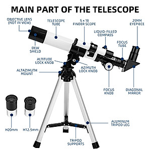 Telescope for Kids Focal Length 400mm Aperture 40mm(400x40mm) with Compass &Tripod& Finder Scope, Refractor Portable Kids' Telescope and Beginners' Telescope for Exploring The Moon and Its Craters