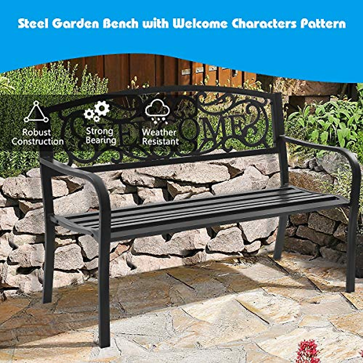 S AFSTAR Garden Bench, Metal Porch Bench for Park Garden Yard, Outdoor Patio Bench with Weather-Resistant Cast Iron Backrest and Welcome Pattern, Front Door Bench Park Bench for Outside (Black)