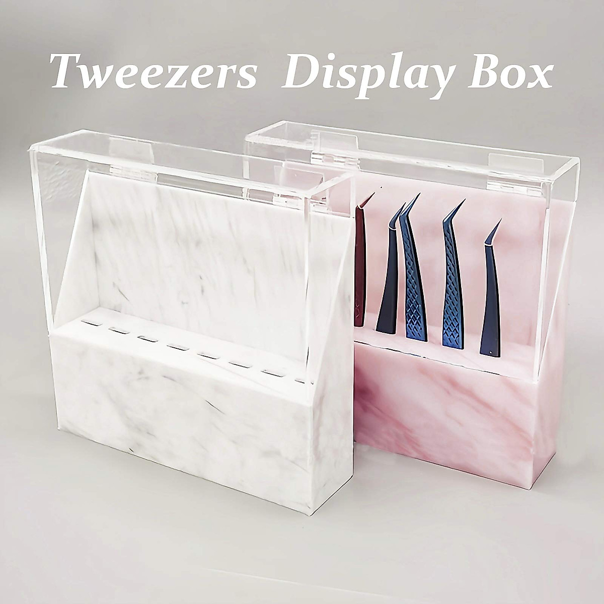 Dust-proof Eyelash Tweezers Holder with Cover, Acrylic MarbleTweezer Organizer for Lash Cart (Pink)