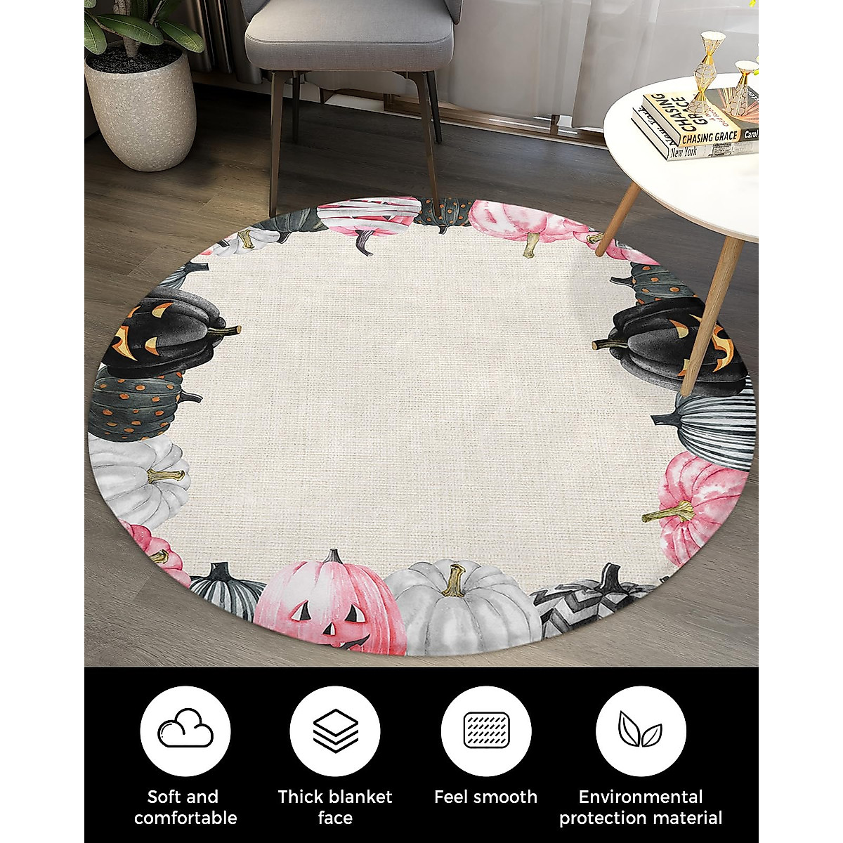 Halloween Fluffy Round Area Rug Carpets 3ft, Plush Shaggy Carpet Soft Circular Rugs, Non-Slip Fuzzy Accent Floor Mat for Living Room Bedroom Nursery Home Decor Pink Black Horror Pumpkin Plaid Dot
