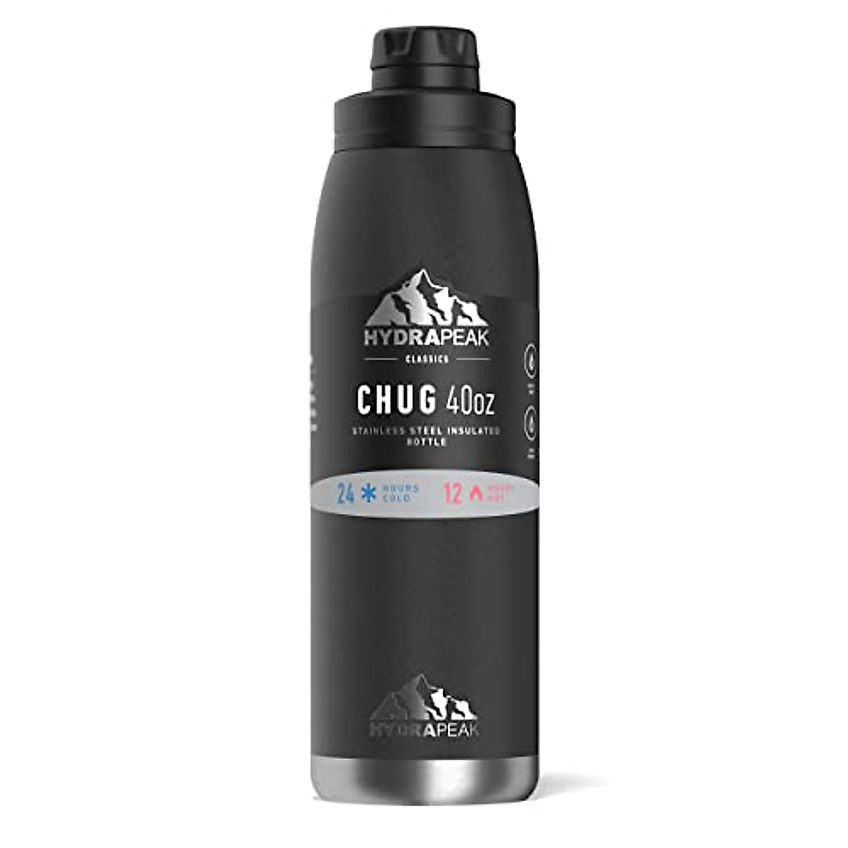 Hydrapeak 40 oz Insulated Water Bottle with Chug Lid - Leak Proof and Spill Proof Double Walled Vacuum Insulated Stainless Steel Water Bottles, Cold for 24 Hours | Hot for 12 Hours (Black)