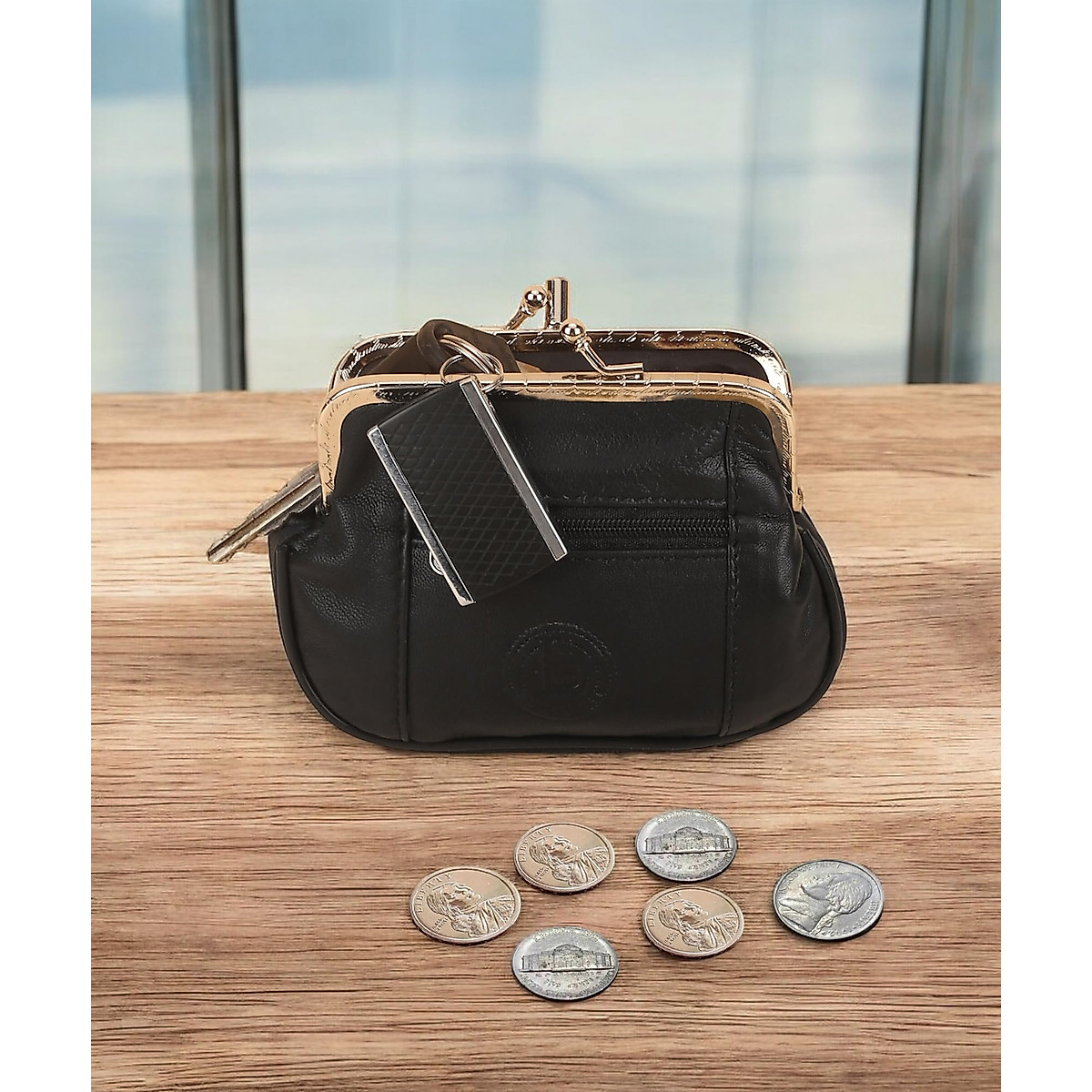 Women's Leather Metal Frame Double Clasp Zipper Coin Purse 5 1/4" x 3 1/4" (Black)