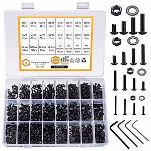 1225 Pcs M2 M3 M4 M5 Hex Button Socket Head Cap Screws Bolts Nuts Flat Washers Assortment Kit, Carbon Steel Black Machine Screws and Nuts and Bolts and Washers Set(1225Black)