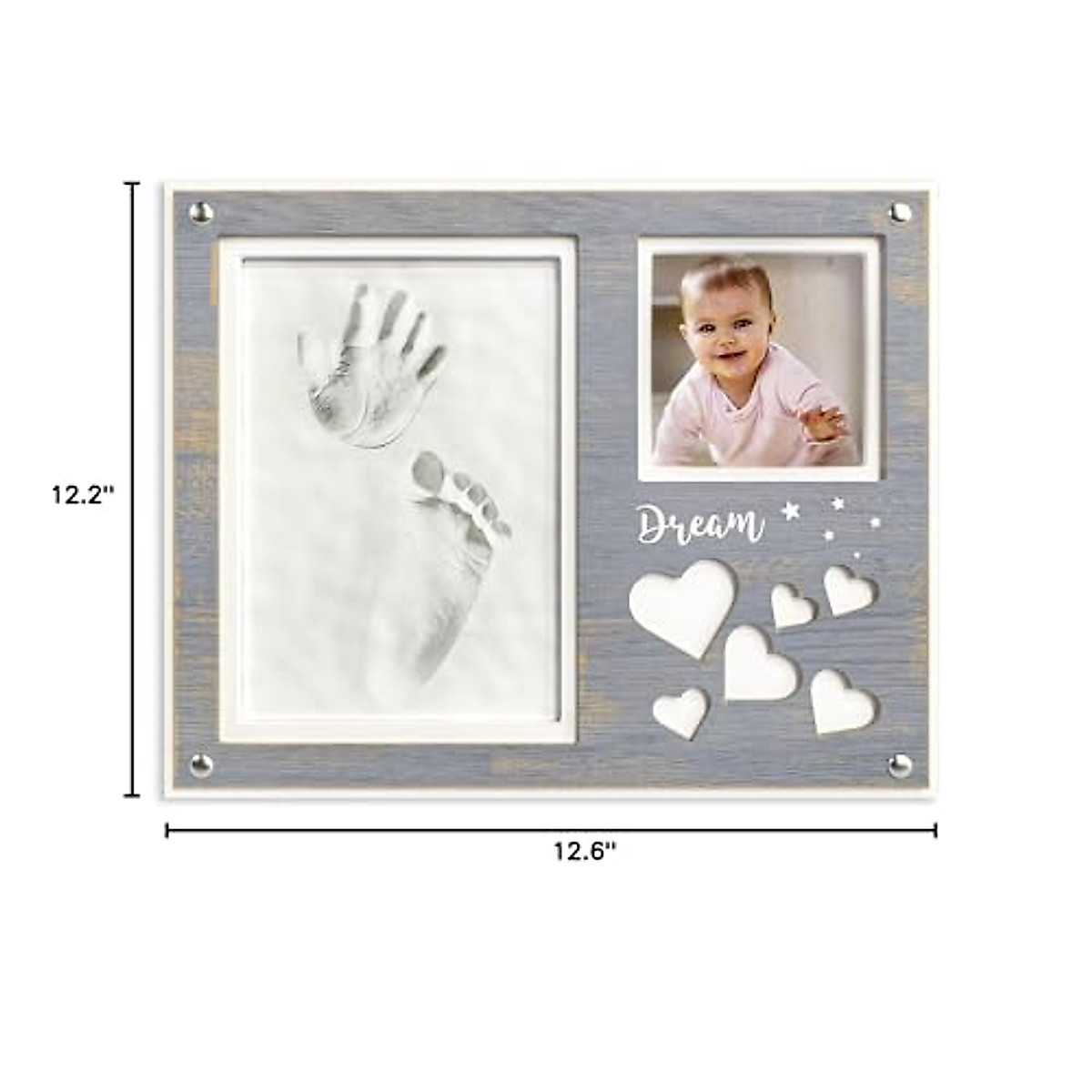 1Dino Premium Baby Handprint and Footprint Kit - 11.6” x 9.3" White/Grey Wood Baby Picture Frame - Includes 2X Air-dry Clay Pack for Baby Hand and Footprints - Baby Registry, Baby Shower Gifts