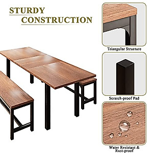 iPormis 3-Piece Dining Table Set for 6-8 People, 63'' Extendable Kitchen Table with Metal Frame and Wood Board, Space Saving Dinette for Dining Room, Laminate Finished, Easy Clean, Walnut