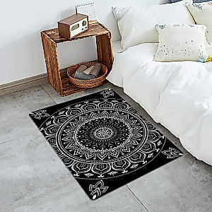 Mandala Antifatigue Kitchen Bath Door Mat Cushioned Runner Rug, Washable Welcome Floor Sink Mat, Abstract Floral Pattern Black Waterproof & Non-Slip Comfort Standing Doormat for Kitchen, 24"x36"