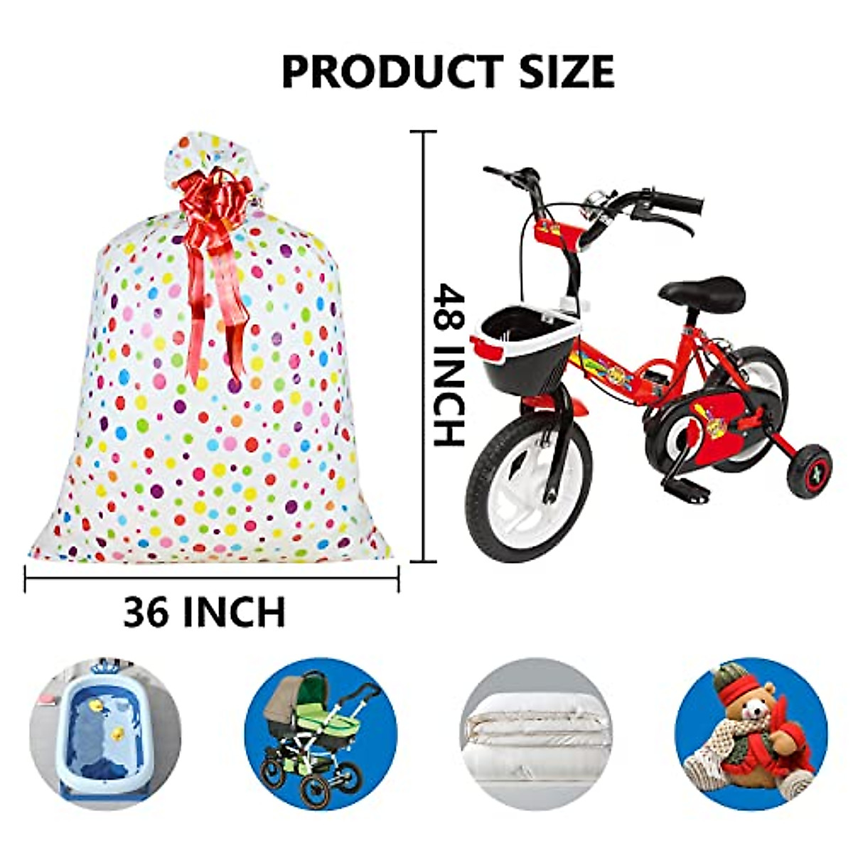 2 Pcs Large Gift Bags Oversized Plastic Storage Bags 48"x 36" with 2 Pcs Pull Flowers for Huge Big Gifts Presents Wrapping Kids Bicycle Bike Goodie Bags, Birthday, Party, New Parents Baby Shower