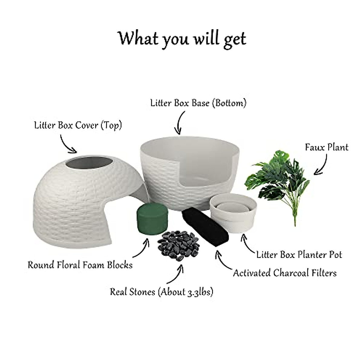 keygarzone Plant Litter Box with Lid, Hidden Cat Litter Furniture with Rattan Pattern for Large Cat, PP Material Waterproof, Easy Assemble & Clean