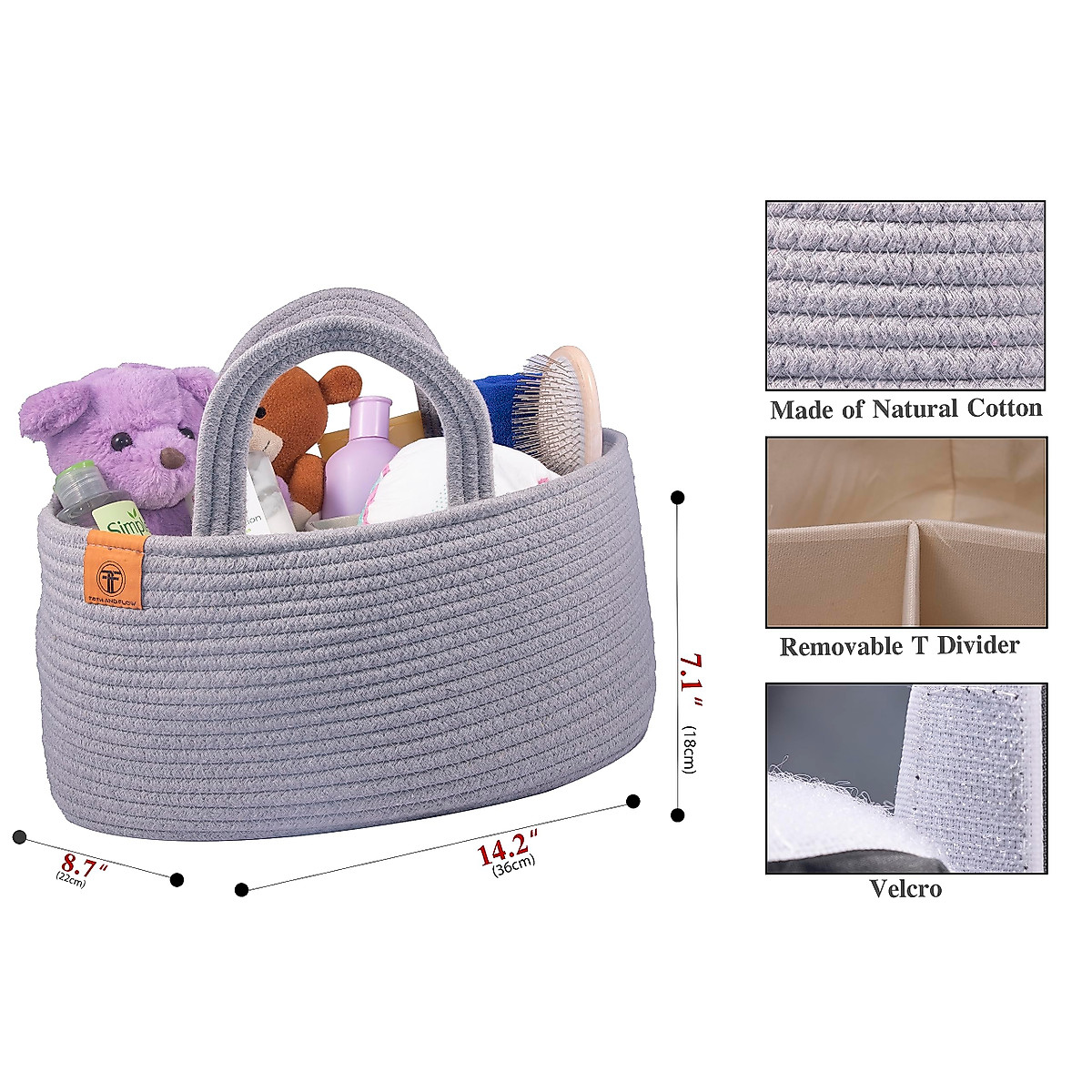 FIFTH AND FLOW Baby Diaper Caddy Organizer, Rope Woven Nursery Storage Basket with Adjustable Divider, Portable Car Travel Diapers Organizer, Large Capacity Caddies (Grey)