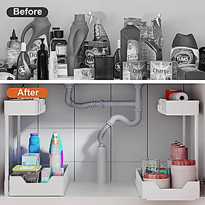 Under Kitchen Sink Organizers and Storage L-Shape Easy Assembly,Under Sink Organizer Kitchen Durable Pull-Out with Sliding Drawer,Bathroom Sink Organizer Large Capacity with Hooks,2 Pack,White