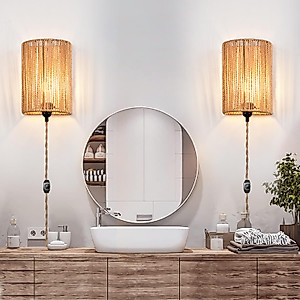 Rattan Plug in Wall Sconce Farmhouse Decor Set of Two,Boho Wall Lamp with Plug in Cord Set of 2,Dimmable Switch Wall Lights Fixture,Indoor Rustic Wall Mount Light Bedside for Bedroom Living Room Kids