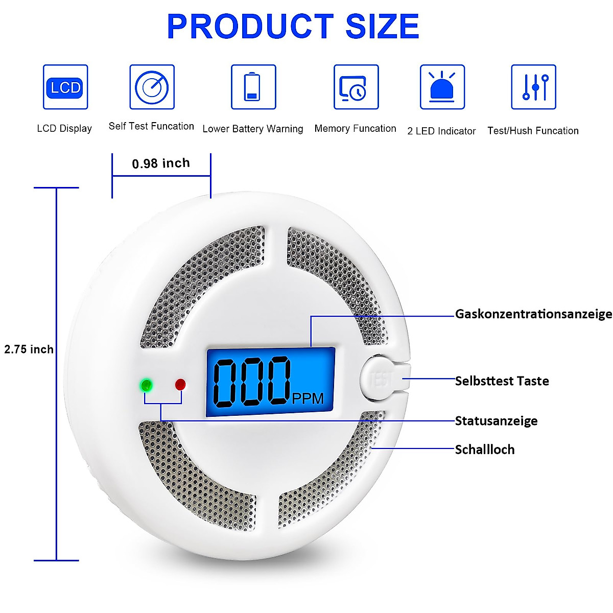 Carbon Monoxide Detector with LED Digital Display, Portable Carbon Monoxide Alarms for Home, CO Alarm with UL2034, Replaceable Batteries (Batteries NOT Included),1 Pack