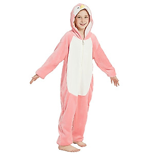 ABENCA Penguin Onesie Kids Animal Costume Girls Pajamas One Piece Plush Sleepwear Cosplay Halloween Christmas.Pink.140
