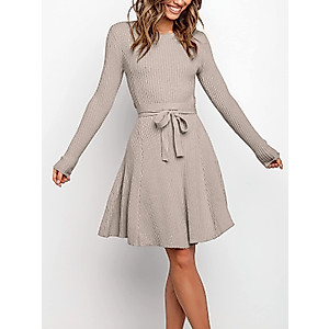 ANRABESS Women's Long Sleeve Midi Dress Crewneck Tie Waist A-Line Swing Casual Bodycon Ribbed Knit 2025 Fall Sweater Dress red Apricot Medium