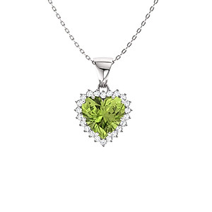 Diamondere Natural and Certified Heart Cut Peridot and Diamond Halo Necklace in 14k White Gold | 1.14 Carat Pendant with Chain