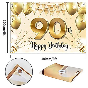 HAMIGAR 6x4ft Happy 90th Birthday Banner Backdrop - 90 Years Old Birthday Decorations Party Supplies for Women - White Gold