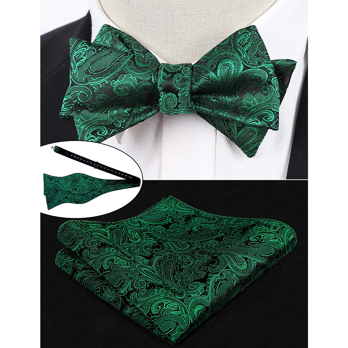 Alizeal Mens Classic Paisley Woven Self-tied Adjustable Bow Tie, Cummerbund and Pocket Square, Dark Green