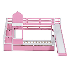 SIYSNKSI Twin-Over-Twin Castle Style Bunk Bed with 2 Drawers and 3 Shelves, Wood Bunk Bed Frame with Slide and Storage Staircase for Kids Teens Boys Girls, Maximize Space Savings (Pink-Twin-3)