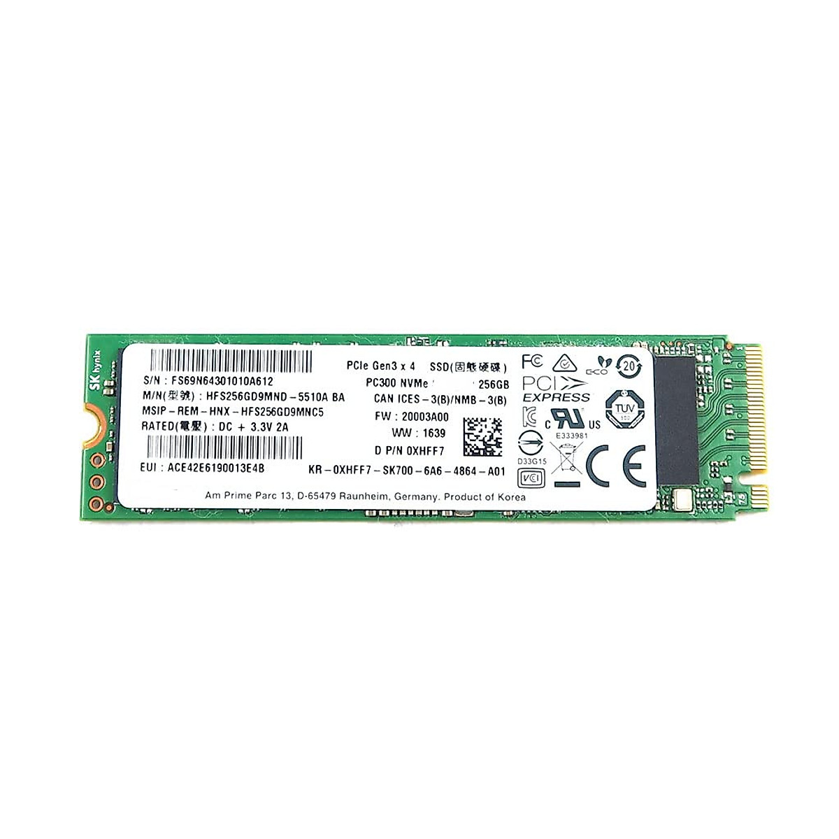 Solid State Drive XHFF7 0XHFF7 KR-0XHFF7 Compatible Replacement Spare Part for Dell SK Hynix PC300 HFS256GD0MND 256GB PCI Express 3.0 x4 MLC NVMe M.2 2280 Internal SSD