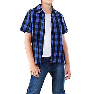 Cromoncent Mens Plaid Shirt Short Sleeve Summer Button Down Shirts Buffalo Plaid Blue, Large