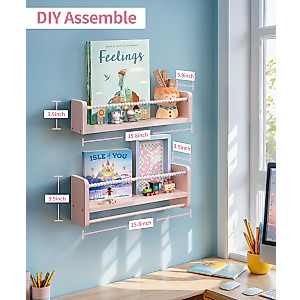 Maxpeuvon Nursery Book Shelves, Set of 3 Kids Bookshelves Natural Wood Wall Mount Organizer with Towel Bar Hanging Nursery Decor for Kids Room, Playroom, Bedroom and Kitchen, Pink