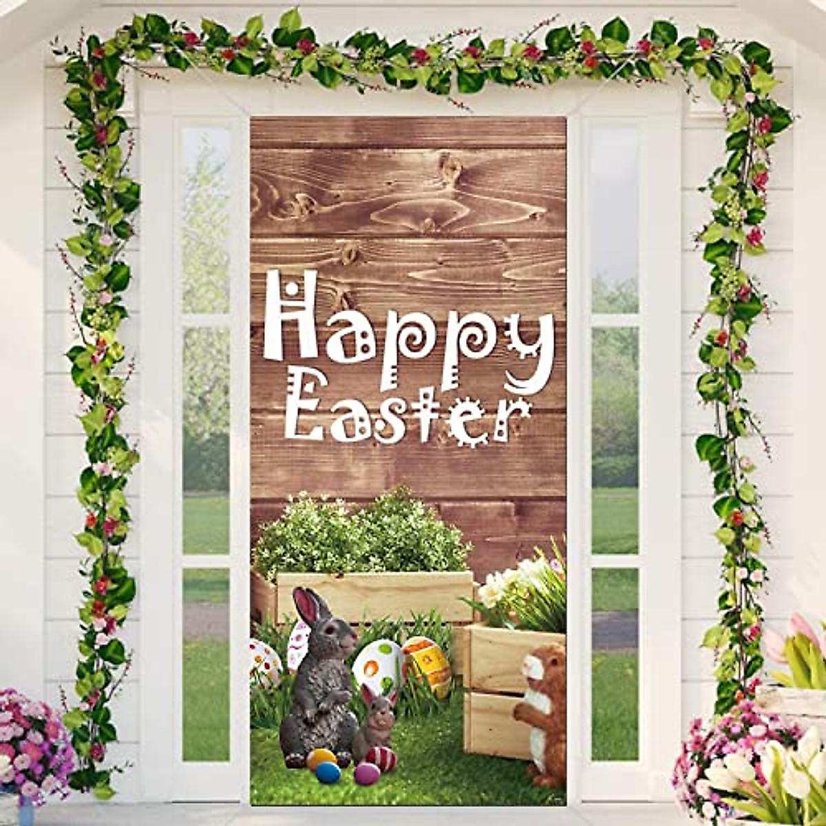 ZDX Happy Easter Door Banner Rustic Wooden Floor Banner Spring Bunny Egg Flower Rustic Farmhouse Easter Party Backdrops Door Banner