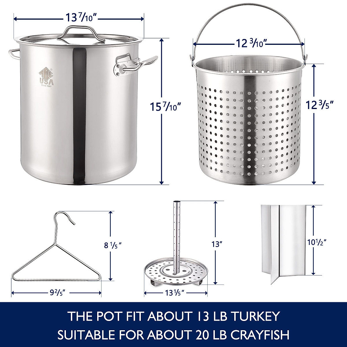 ARC 40QT Stainless Steel Stock pot 6-Piece For Seafood Boil Pot with Basket and Steamer Rack,Cookware for Crawfish Crab Shrimp Lobster Boiling Pot, Turkey Fryer Pot, Tamale Steamer Pot with Strainer