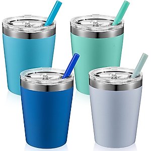 4 Set Toddler Cups with Straws and Lids Stainless Steel Kids Cups Insulated Kids Cups Spill Proof Double Wall Vacuum Kid Tumbler Cups for Boys Girls Sippy Drinking 8 oz (Blue, Gray, Sky Blue, Green)