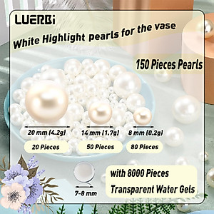 White Floating Pearls | 150PCS White Pearls Bead for Centerpieces Vases, White No Hole Beads | 8/14/20 mm Floating Beads | White Vase Fillers, Vase Filler Pearl Party Decor