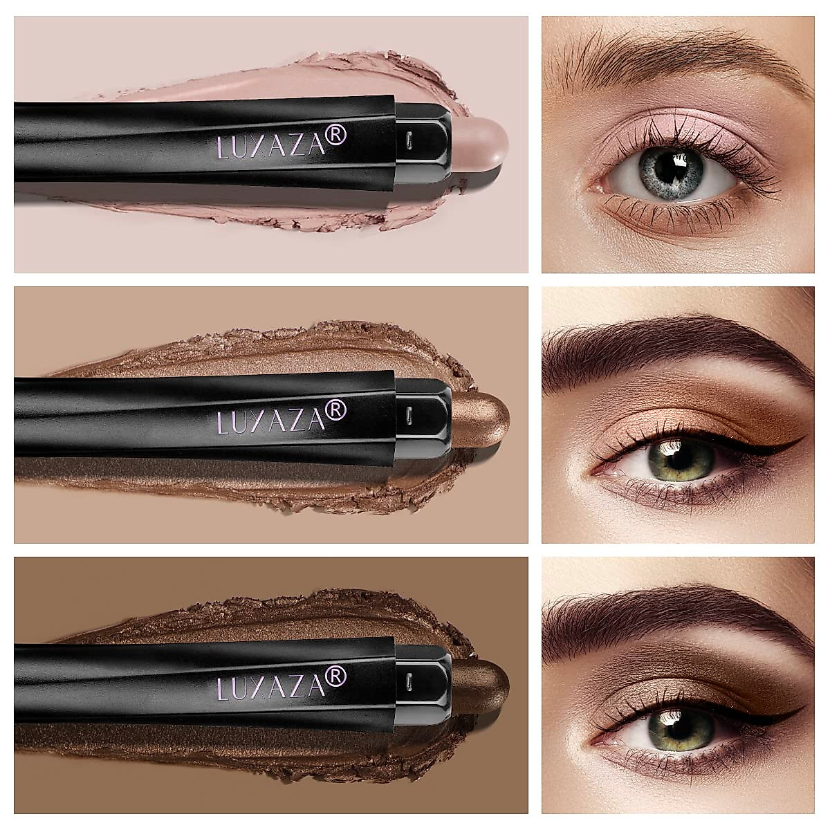 LUXAZA 3Pcs Eyeshadow Stick Set, Matte And Shimmer Creamy Brown Gold Nude Shadow Pencil, Waterproof Long Lasting Smoky Eye Makeup
