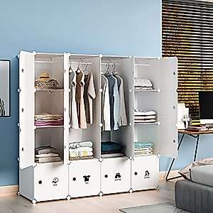 KOUSI Portable Wardrobe Closet for Bedroom Clothes Armoire Dresser MultiFuncation Cube Storage Organizer, White, 10 Cubes 2 Hanging Sections
